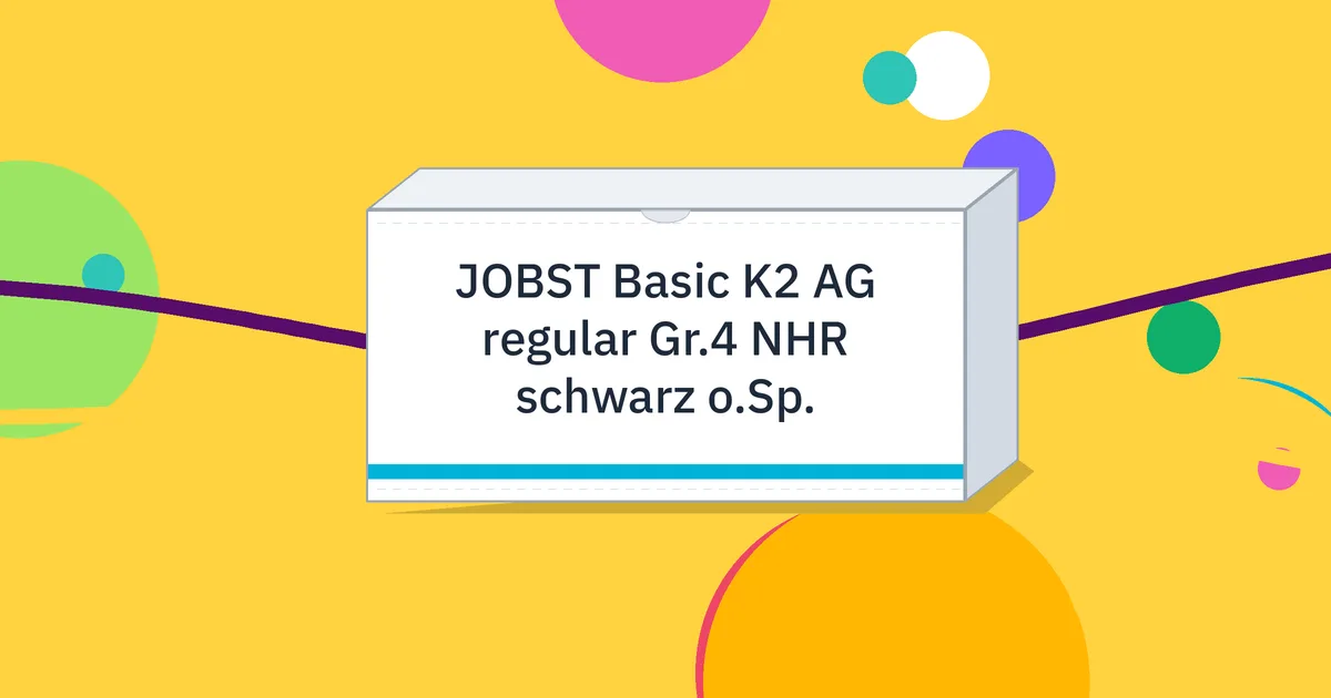 Symbolbild: Packung mit der Aufschrift JOBST Basic K2 AG regular Gr.4 NHR schwarz o.Sp. (PZN 15311591) – Verfügbarkeit und Bezug in Apotheken in Frankfurt am Main