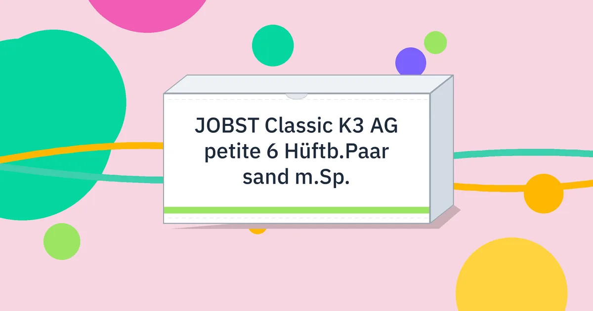 Symbolbild: Packung mit der Aufschrift JOBST Classic K3 AG petite 6 Hüftb.Paar sand m.Sp. (PZN 13074690) – Verfügbarkeit und Bezug in Apotheken in Frankfurt am Main