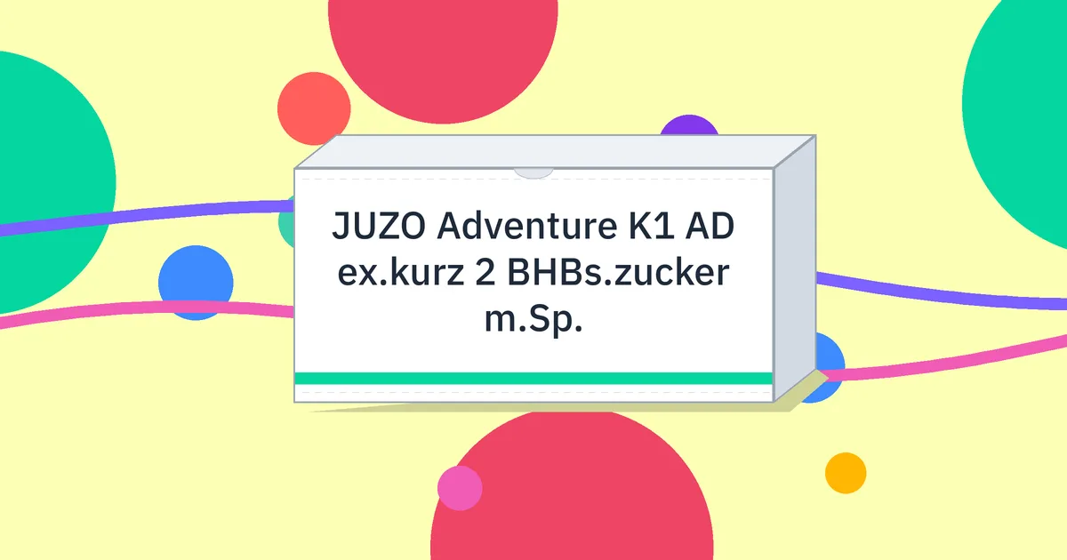Symbolbild: Packung mit der Aufschrift JUZO Adventure K1 AD ex.kurz 2 BHBs.zucker m.Sp. (PZN 16343073) – Verfügbarkeit und Bezug in Apotheken in Frankfurt am Main