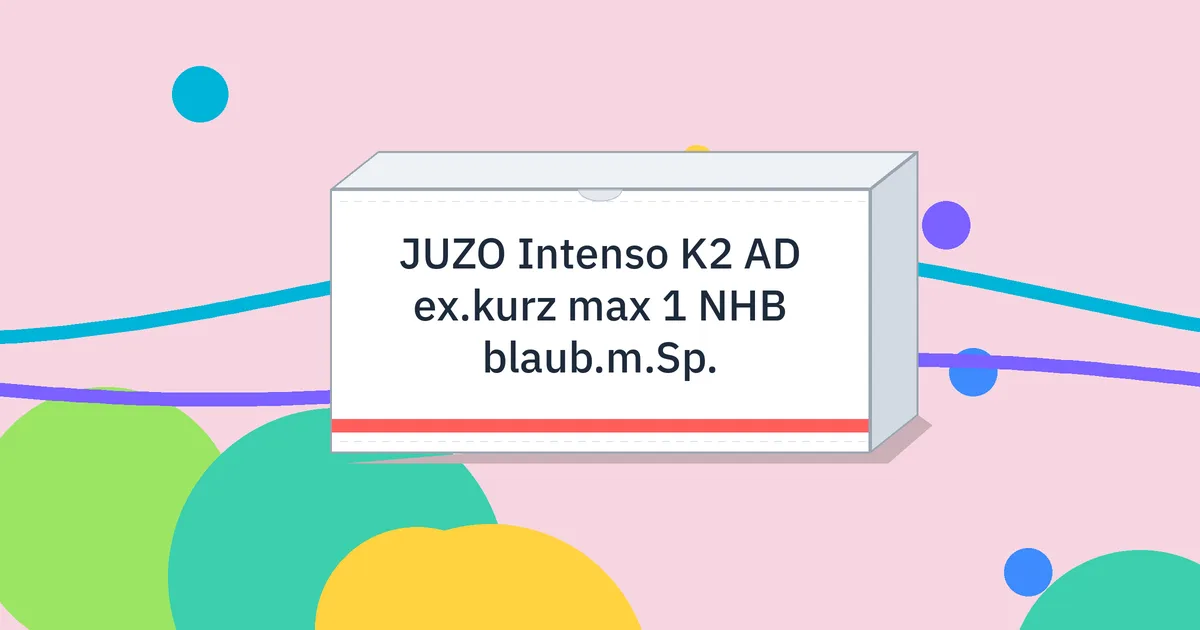 Symbolbild: Packung mit der Aufschrift JUZO Intenso K2 AD ex.kurz max 1 NHB blaub.m.Sp. (PZN 18610408) – Verfügbarkeit und Bezug in Apotheken in Frankfurt am Main