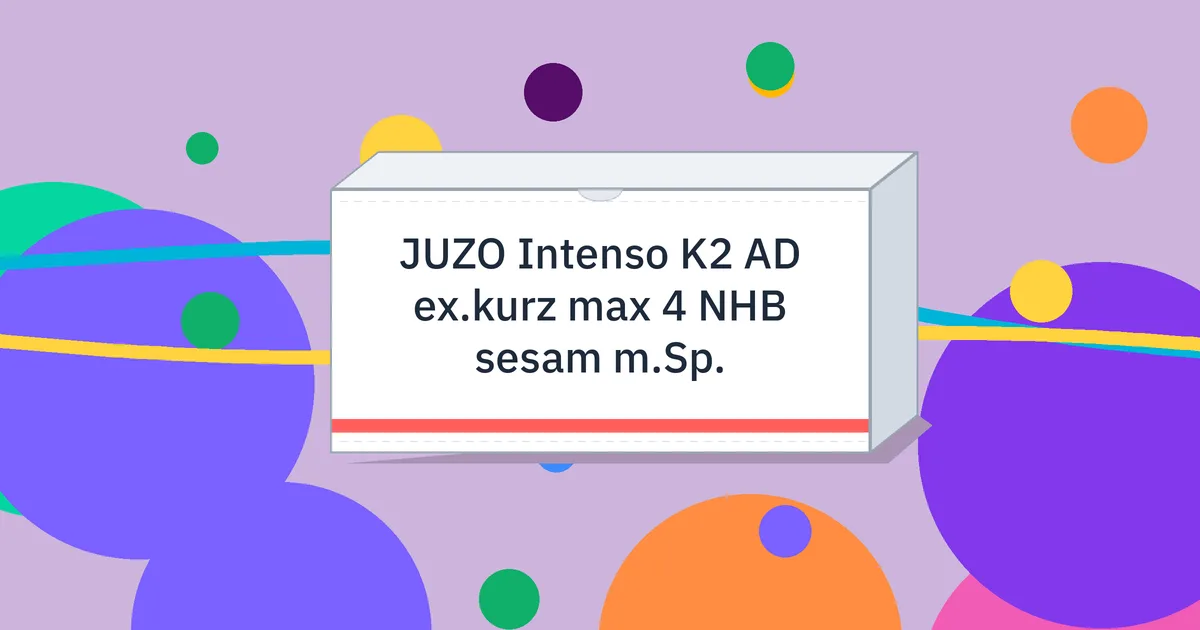 Symbolbild: Packung mit der Aufschrift JUZO Intenso K2 AD ex.kurz max 4 NHB sesam m.Sp. (PZN 18610354) – Verfügbarkeit und Bezug in Apotheken in Frankfurt am Main