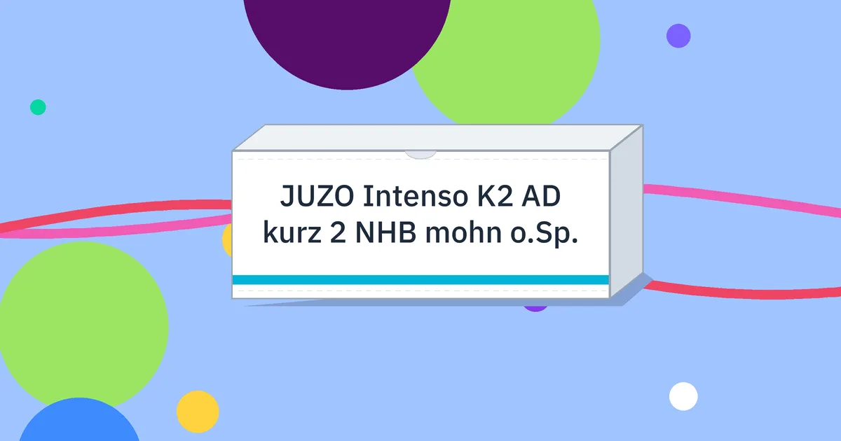 Symbolbild: Packung mit der Aufschrift JUZO Intenso K2 AD kurz 2 NHB mohn o.Sp. (PZN 18621719) – Verfügbarkeit und Bezug in Apotheken in Frankfurt am Main