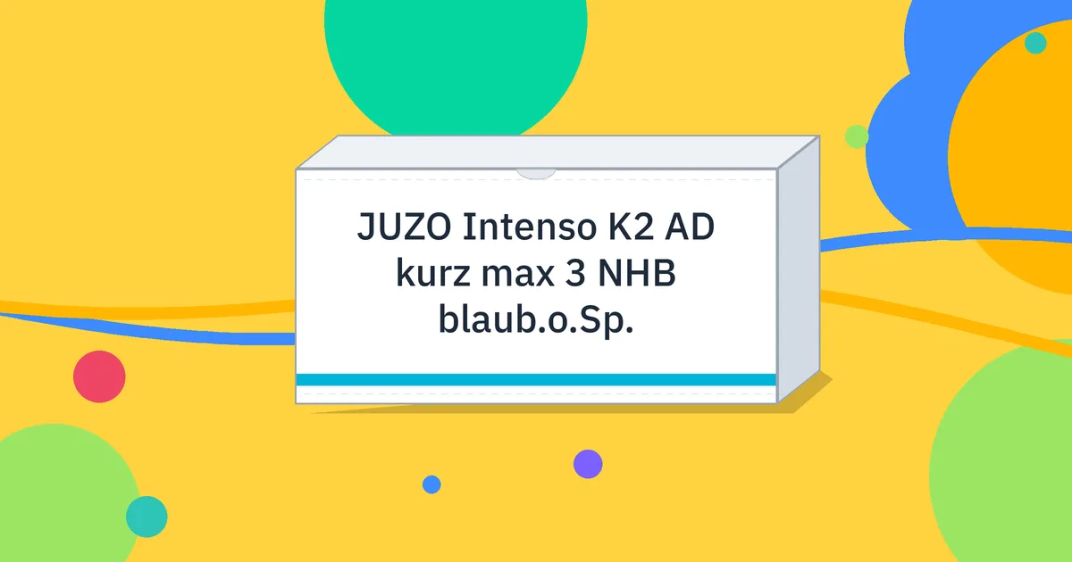 Symbolbild: Packung mit der Aufschrift JUZO Intenso K2 AD kurz max 3 NHB blaub.o.Sp. (PZN 18622759) – Verfügbarkeit und Bezug in Apotheken in Frankfurt am Main