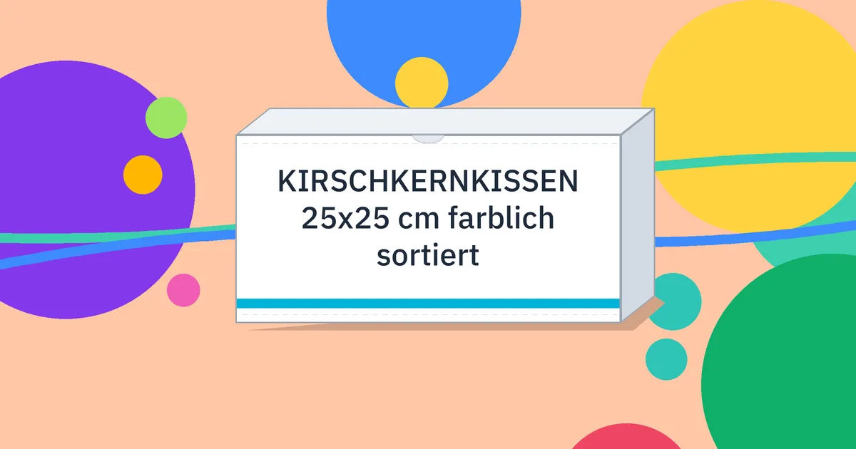 Symbolbild: Packung mit der Aufschrift KIRSCHKERNKISSEN 25x25 cm farblich sortiert (PZN 06715556) – Verfügbarkeit und Bezug in Apotheken in Frankfurt am Main