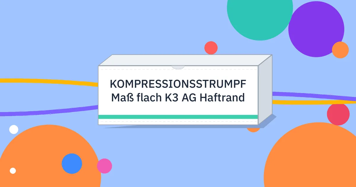 Symbolbild: Packung mit der Aufschrift KOMPRESSIONSSTRUMPF Maß flach K3 AG Haftrand (PZN 16745386) – Verfügbarkeit und Bezug in Apotheken in Frankfurt am Main