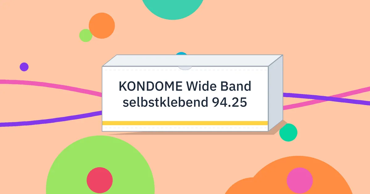 Symbolbild: Packung mit der Aufschrift KONDOME Wide Band selbstklebend 94.25 (PZN 07234758) – Verfügbarkeit und Bezug in Apotheken in Frankfurt am Main