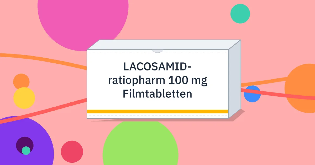 Symbolbild: Packung mit der Aufschrift LACOSAMID-ratiopharm 100 mg Filmtabletten (PZN 14308670) – Verfügbarkeit und Bezug in Apotheken in Frankfurt am Main