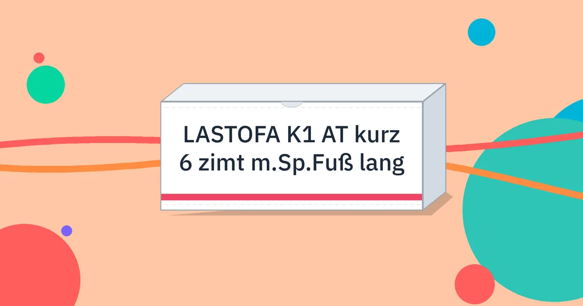 Symbolbild: Packung mit der Aufschrift LASTOFA K1 AT kurz 6 zimt m.Sp.Fuß lang (PZN 13796940) – Verfügbarkeit und Bezug in Apotheken in Frankfurt am Main