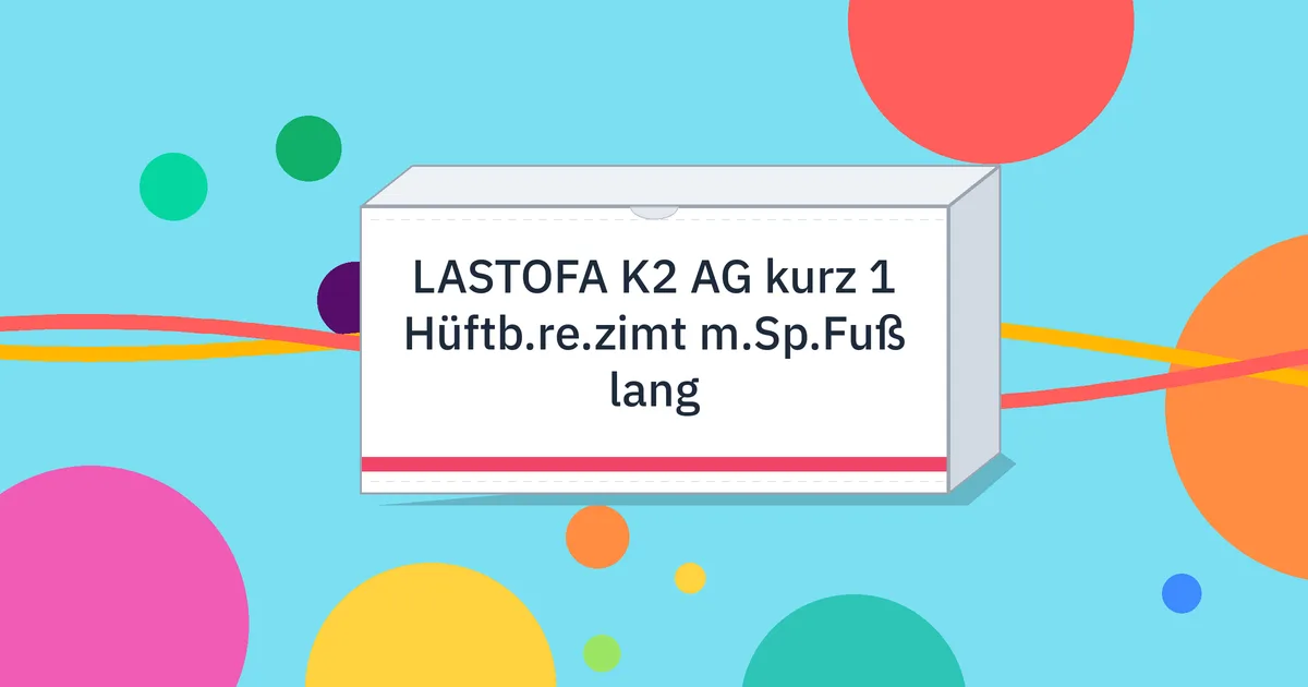 Symbolbild: Packung mit der Aufschrift LASTOFA K2 AG kurz 1 Hüftb.re.zimt m.Sp.Fuß lang (PZN 13810462) – Verfügbarkeit und Bezug in Apotheken in Frankfurt am Main