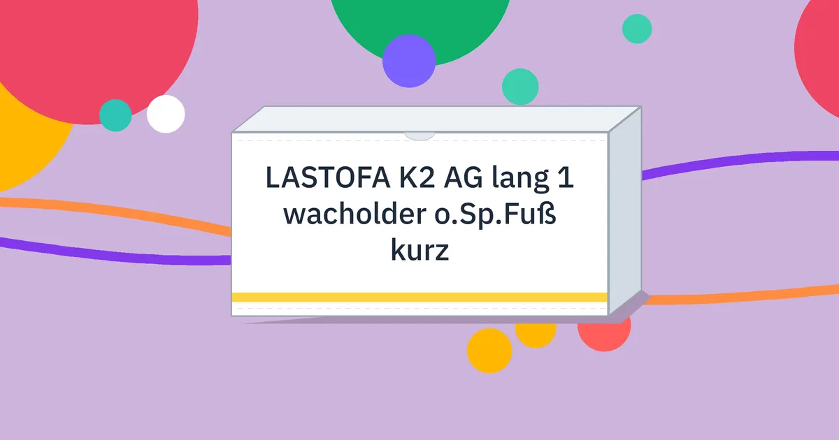 Symbolbild: Packung mit der Aufschrift LASTOFA K2 AG lang 1 wacholder o.Sp.Fuß kurz (PZN 13802095) – Verfügbarkeit und Bezug in Apotheken in Frankfurt am Main