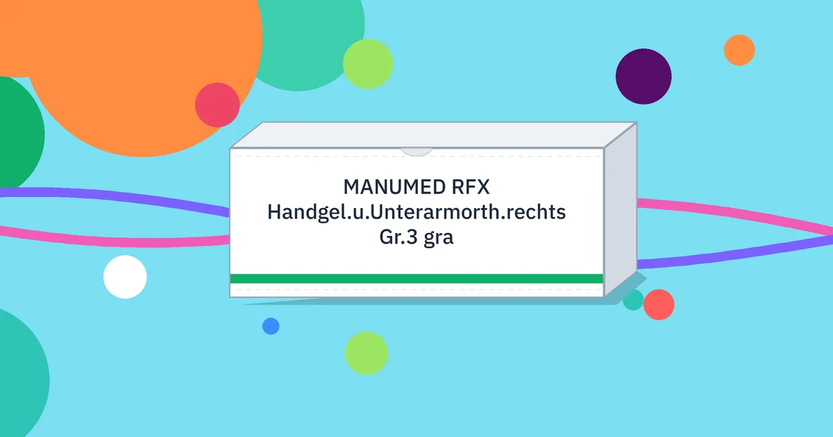 Symbolbild: Packung mit der Aufschrift MANUMED RFX Handgel.u.Unterarmorth.rechts Gr.3 gra (PZN 18108548) – Verfügbarkeit und Bezug in Apotheken in Frankfurt am Main