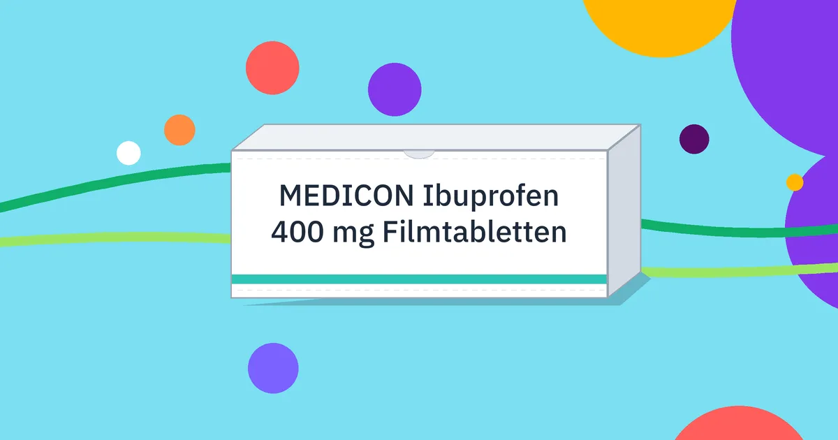 Symbolbild: Packung mit der Aufschrift MEDICON Ibuprofen 400 mg Filmtabletten (PZN 18188346) – Verfügbarkeit und Bezug in Apotheken in Frankfurt am Main
