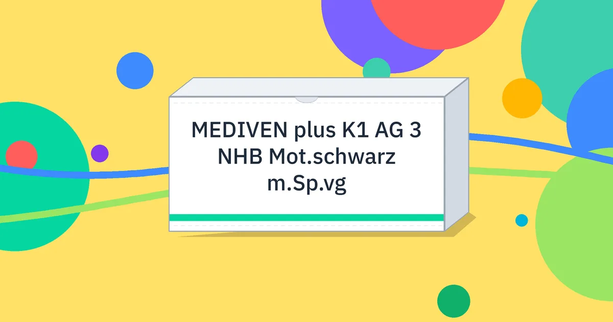 Symbolbild: Packung mit der Aufschrift MEDIVEN plus K1 AG 3 NHB Mot.schwarz m.Sp.vg (PZN 15916696) – Verfügbarkeit und Bezug in Apotheken in Frankfurt am Main
