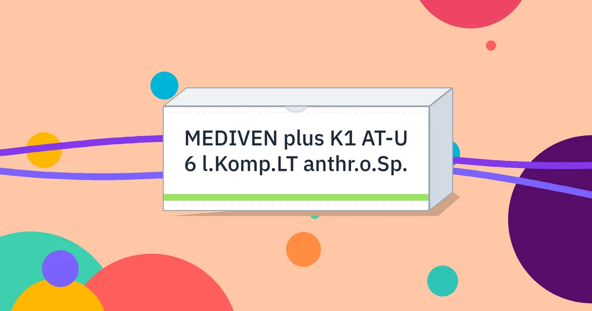 Symbolbild: Packung mit der Aufschrift MEDIVEN plus K1 AT-U 6 l.Komp.LT anthr.o.Sp. (PZN 15032767) – Verfügbarkeit und Bezug in Apotheken in Frankfurt am Main