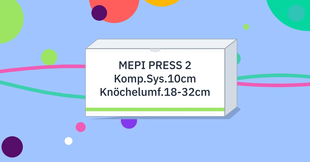 Symbolbild: Packung mit der Aufschrift MEPI PRESS 2 Komp.Sys.10cm Knöchelumf.18-32cm (PZN 19511855) – Verfügbarkeit und Bezug in Apotheken in Frankfurt am Main