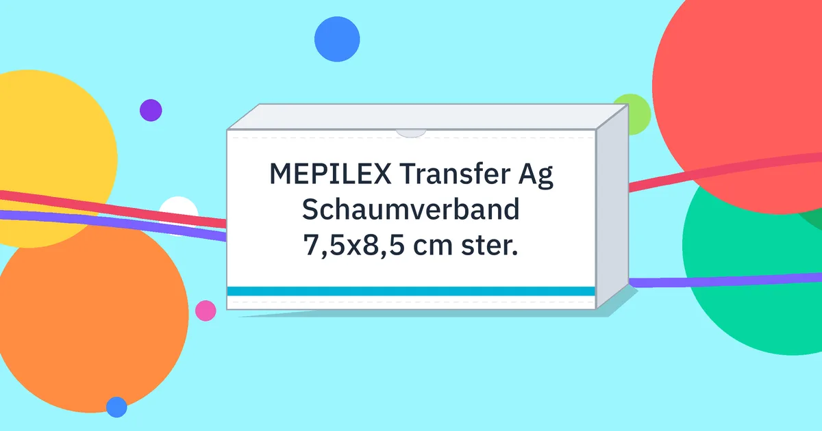 Symbolbild: Packung mit der Aufschrift MEPILEX Transfer Ag Schaumverband 7,5x8,5 cm ster. (PZN 11002999) – Verfügbarkeit und Bezug in Apotheken in Frankfurt am Main