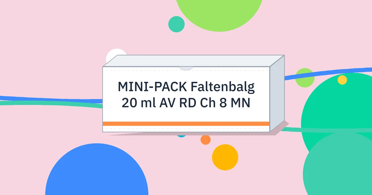 Symbolbild: Packung mit der Aufschrift MINI-PACK Faltenbalg 20 ml AV RD Ch 8 MN (PZN 17486047) – Verfügbarkeit und Bezug in Apotheken in Frankfurt am Main