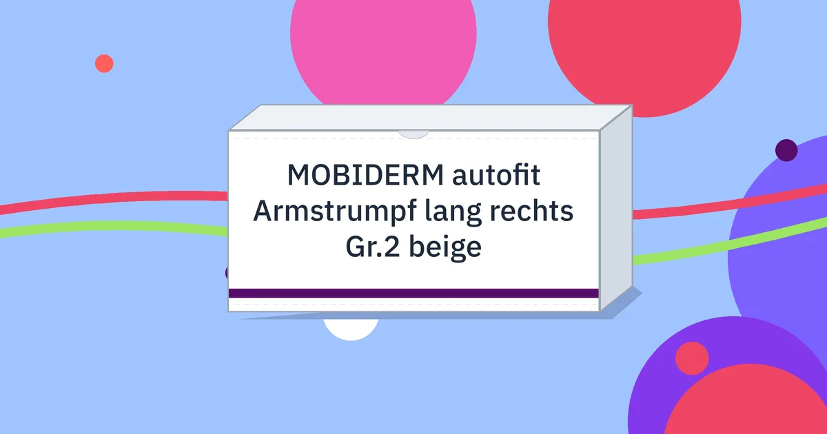 Symbolbild: Packung mit der Aufschrift MOBIDERM autofit Armstrumpf lang rechts Gr.2 beige (PZN 19741868) – Verfügbarkeit und Bezug in Apotheken in Frankfurt am Main
