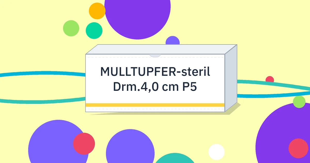 Symbolbild: Packung mit der Aufschrift MULLTUPFER-steril Drm.4,0 cm P5 (PZN 18307124) – Verfügbarkeit und Bezug in Apotheken in Frankfurt am Main
