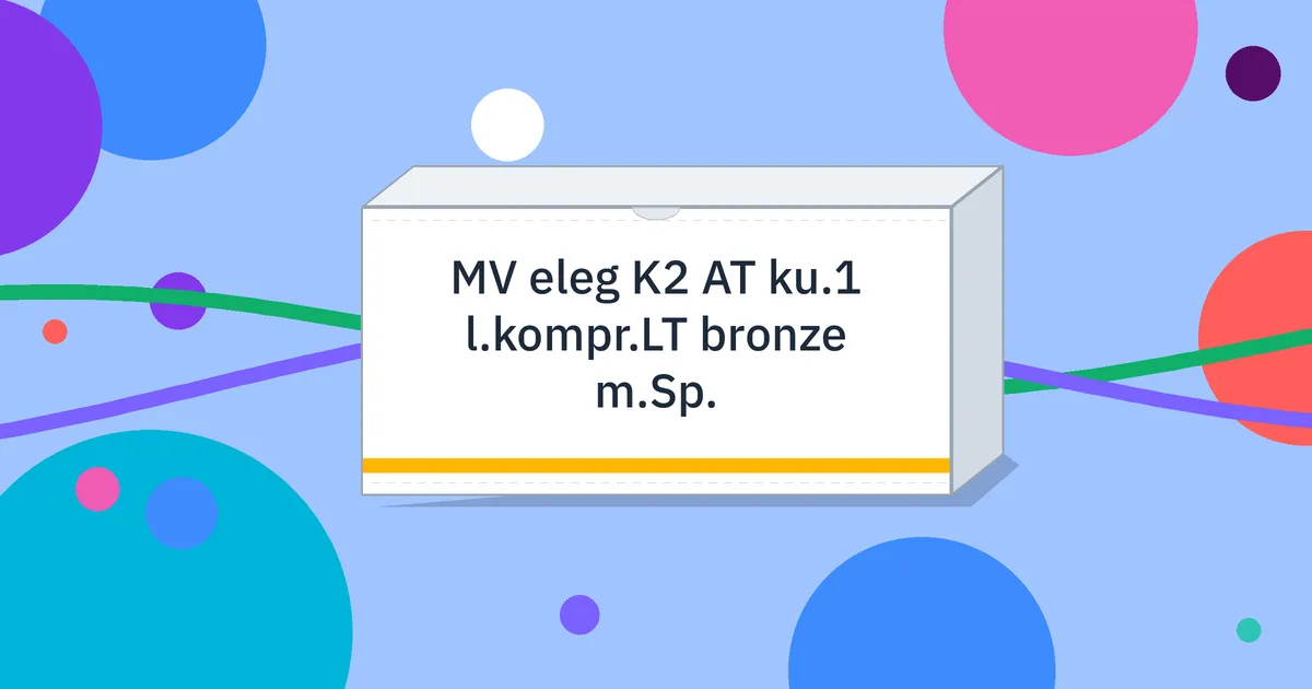 Symbolbild: Packung mit der Aufschrift MV eleg K2 AT ku.1 l.kompr.LT bronze m.Sp. (PZN 15287390) – Verfügbarkeit und Bezug in Apotheken in Frankfurt am Main