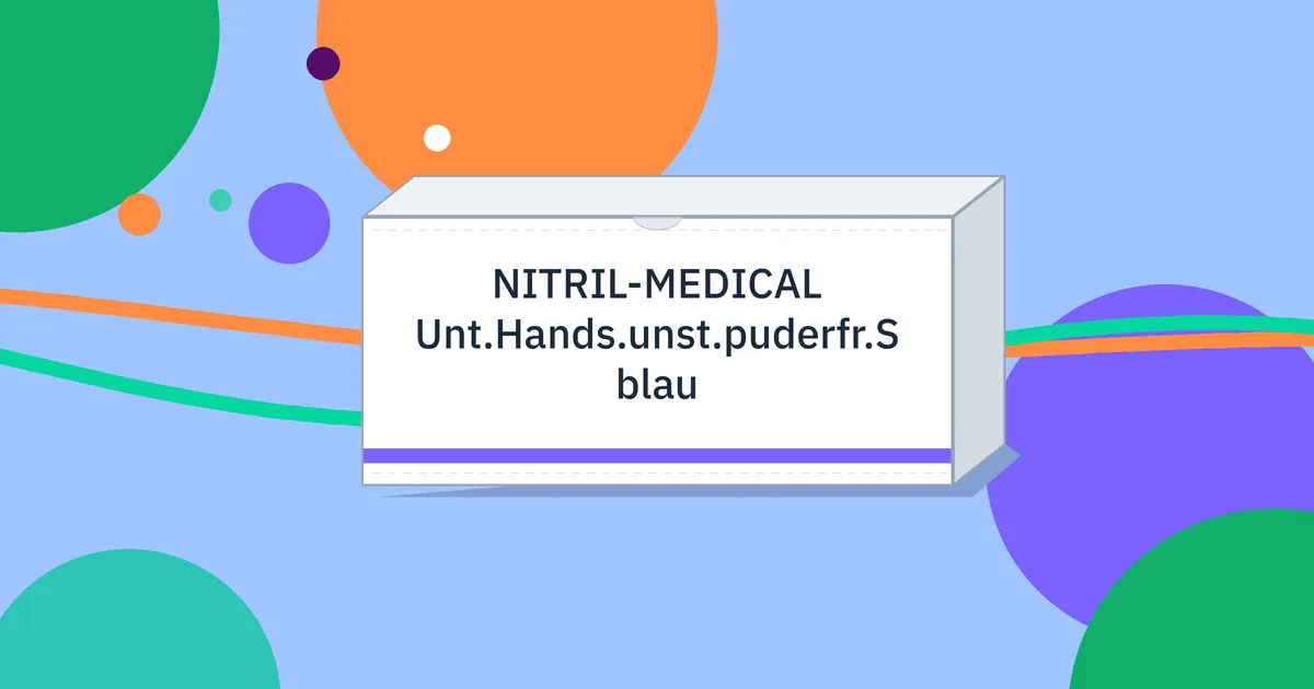 Symbolbild: Packung mit der Aufschrift NITRIL-MEDICAL Unt.Hands.unst.puderfr.S blau (PZN 18408210) – Verfügbarkeit und Bezug in Apotheken in Frankfurt am Main