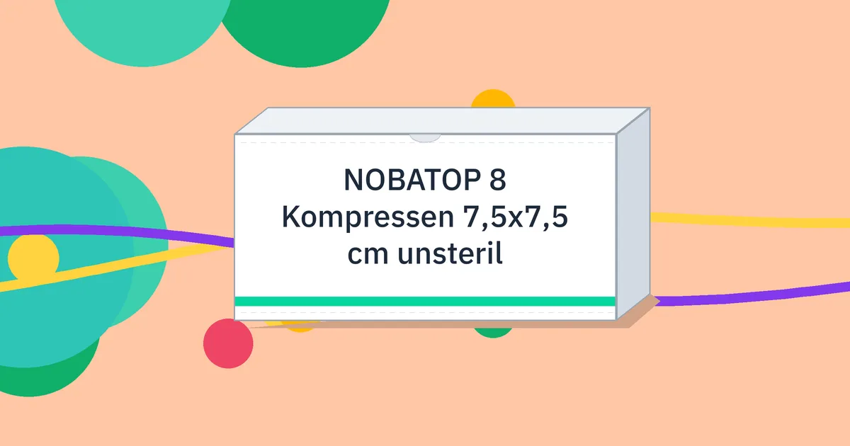 Symbolbild: Packung mit der Aufschrift NOBATOP 8 Kompressen 7,5x7,5 cm unsteril (PZN 07099177) – Verfügbarkeit und Bezug in Apotheken in Frankfurt am Main