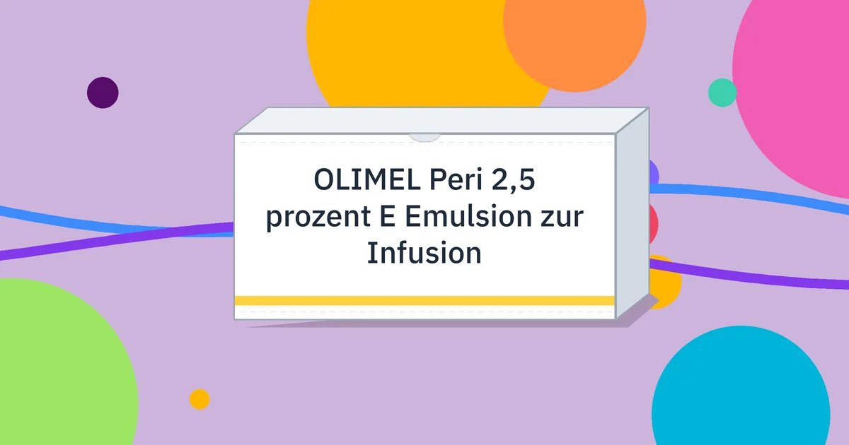 Symbolbild: Packung mit der Aufschrift OLIMEL Peri 2,5 prozent E Emulsion zur Infusion (PZN 05900197) – Verfügbarkeit und Bezug in Apotheken in Frankfurt am Main
