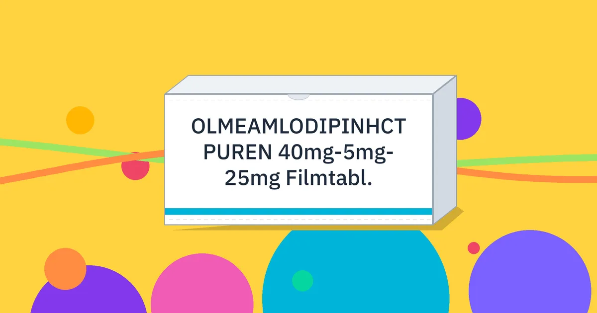 Symbolbild: Packung mit der Aufschrift OLMEAMLODIPINHCT PUREN 40mg-5mg-25mg Filmtabl. (PZN 18110930) – Verfügbarkeit und Bezug in Apotheken in Frankfurt am Main