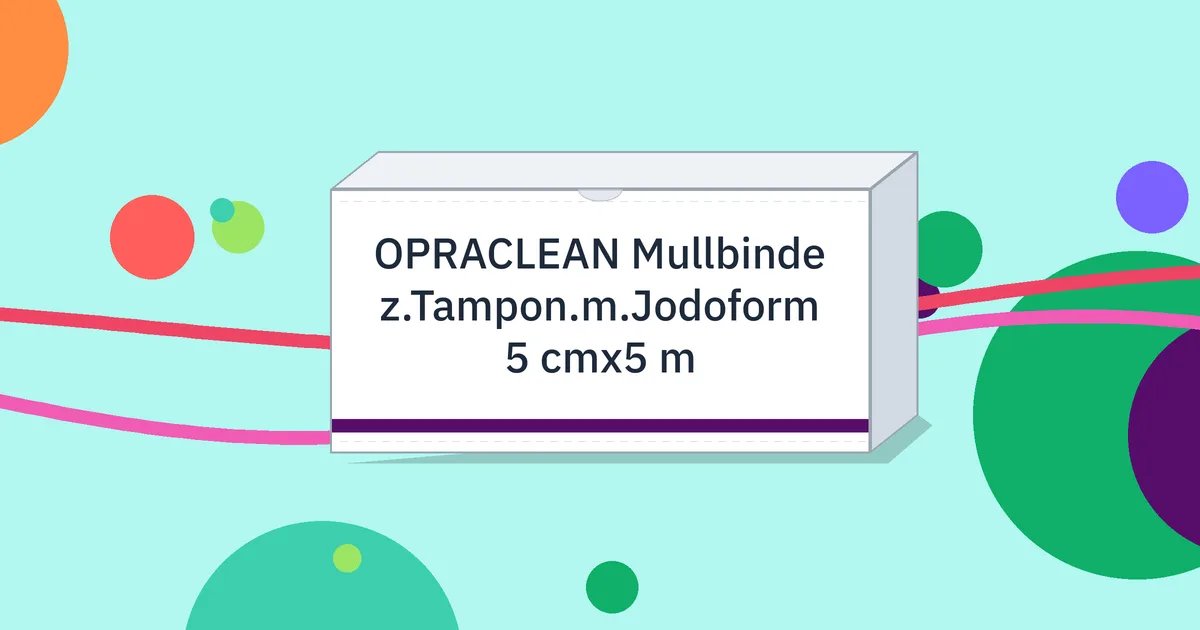 Symbolbild: Packung mit der Aufschrift OPRACLEAN Mullbinde z.Tampon.m.Jodoform 5 cmx5 m (PZN 17492220) – Verfügbarkeit und Bezug in Apotheken in Frankfurt am Main