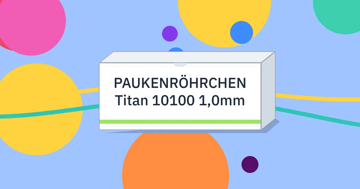 Symbolbild: Packung mit der Aufschrift PAUKENRÖHRCHEN Titan 10100 1,0mm (PZN 00186105) – Verfügbarkeit und Bezug in Apotheken in Frankfurt am Main