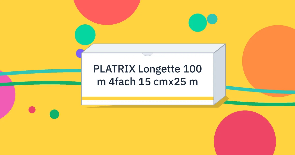Symbolbild: Packung mit der Aufschrift PLATRIX Longette 100 m 4fach 15 cmx25 m (PZN 01939156) – Verfügbarkeit und Bezug in Apotheken in Frankfurt am Main
