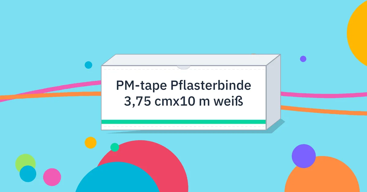 Symbolbild: Packung mit der Aufschrift PM-tape Pflasterbinde 3,75 cmx10 m weiß (PZN 18845991) – Verfügbarkeit und Bezug in Apotheken in Frankfurt am Main