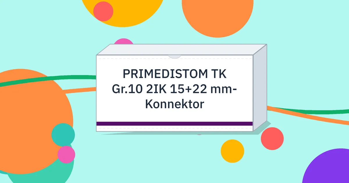 Symbolbild: Packung mit der Aufschrift PRIMEDISTOM TK Gr.10 2IK 15+22 mm-Konnektor (PZN 10266271) – Verfügbarkeit und Bezug in Apotheken in Frankfurt am Main