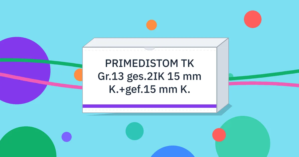 Symbolbild: Packung mit der Aufschrift PRIMEDISTOM TK Gr.13 ges.2IK 15 mm K.+gef.15 mm K. (PZN 10230037) – Verfügbarkeit und Bezug in Apotheken in Frankfurt am Main