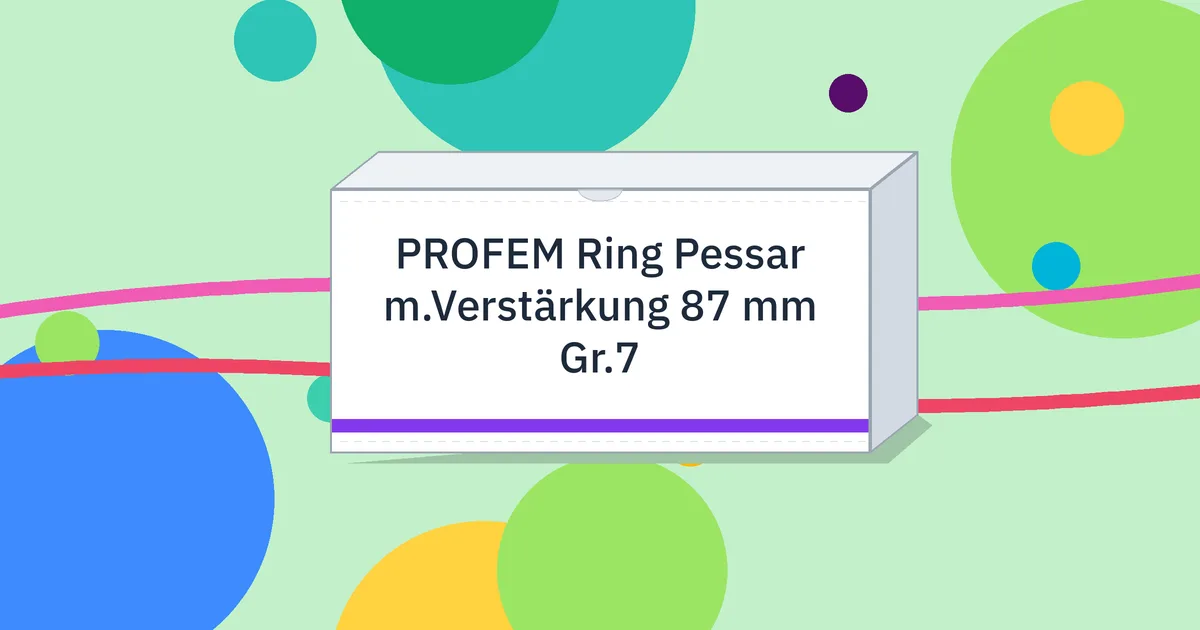 Symbolbild: Packung mit der Aufschrift PROFEM Ring Pessar m.Verstärkung 87 mm Gr.7 (PZN 11672464) – Verfügbarkeit und Bezug in Apotheken in Frankfurt am Main