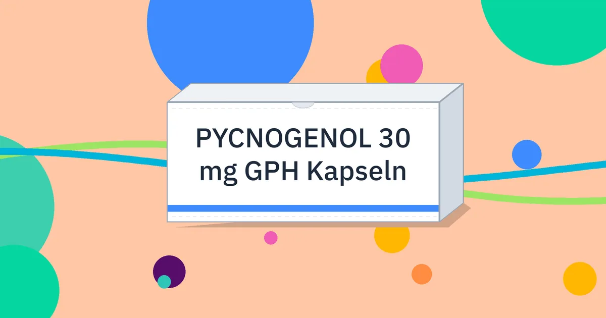 Symbolbild: Packung mit der Aufschrift PYCNOGENOL 30 mg GPH Kapseln (PZN 09188100) – Verfügbarkeit und Bezug in Apotheken in Frankfurt am Main