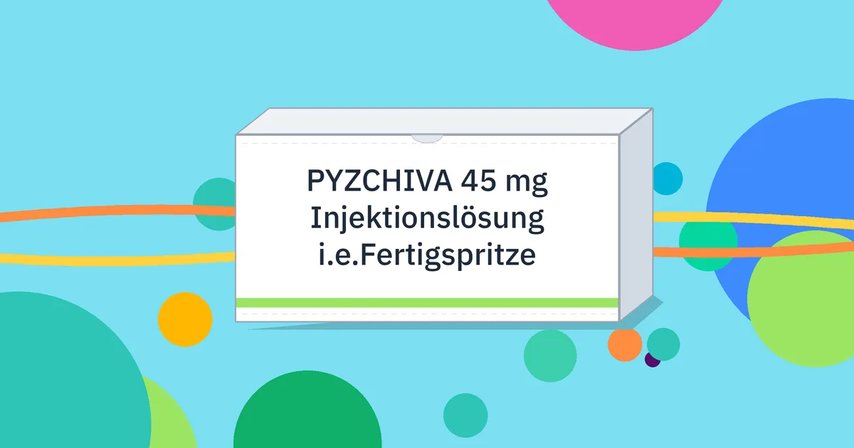 Symbolbild: Packung mit der Aufschrift PYZCHIVA 45 mg Injektionslösung i.e.Fertigspritze (PZN 19666210) – Verfügbarkeit und Bezug in Apotheken in Frankfurt am Main