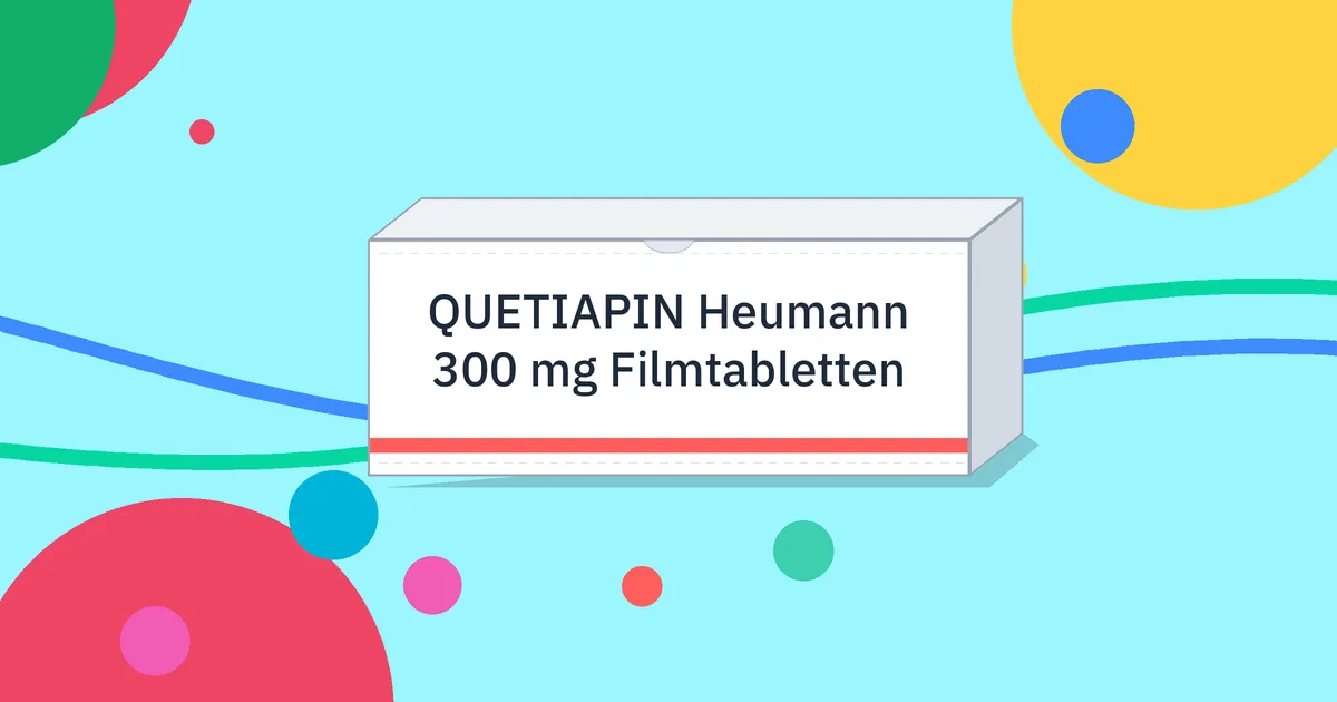 Symbolbild: Packung mit der Aufschrift QUETIAPIN Heumann 300 mg Filmtabletten (PZN 08850761) – Verfügbarkeit und Bezug in Apotheken in Frankfurt am Main