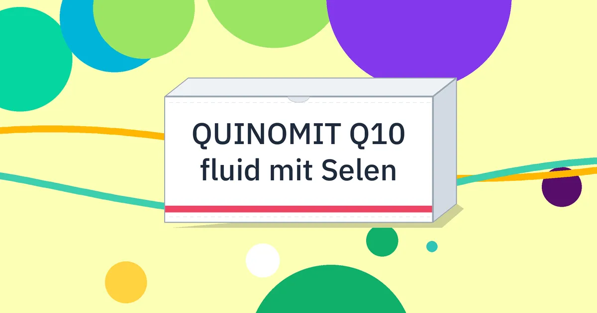 Symbolbild: Packung mit der Aufschrift QUINOMIT Q10 fluid mit Selen (PZN 18773435) – Verfügbarkeit und Bezug in Apotheken in Frankfurt am Main