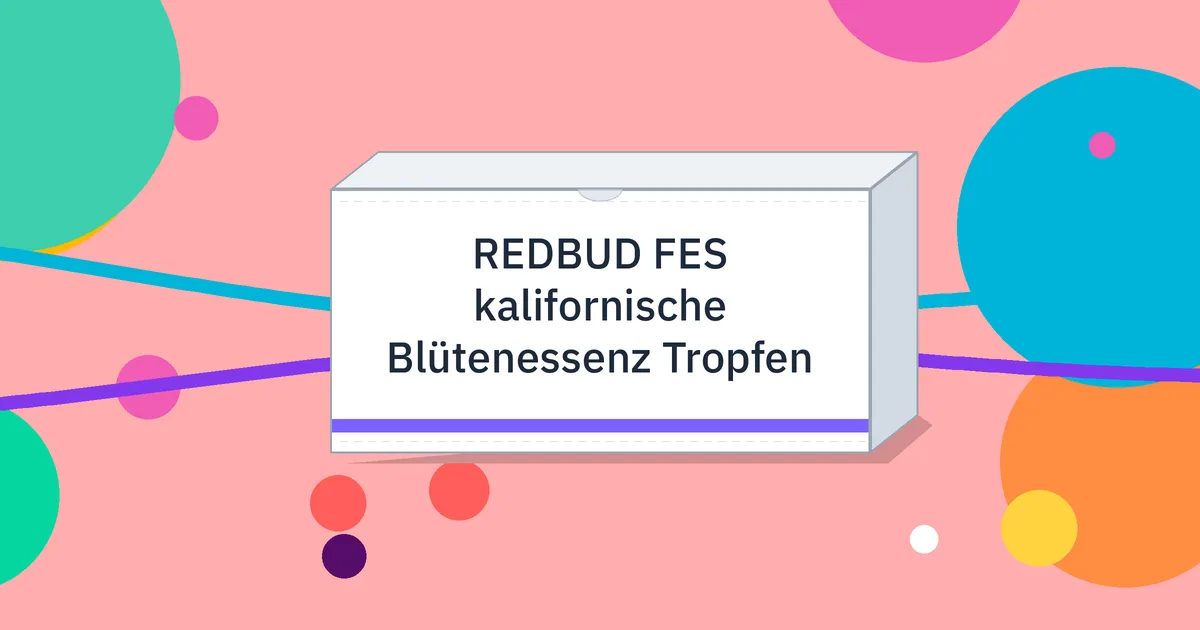 Symbolbild: Packung mit der Aufschrift REDBUD FES kalifornische Blütenessenz Tropfen (PZN 18810053) – Verfügbarkeit und Bezug in Apotheken in Frankfurt am Main