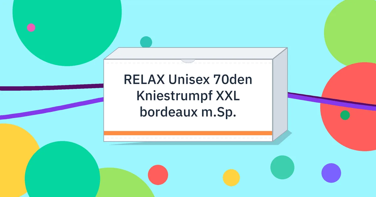 Symbolbild: Packung mit der Aufschrift RELAX Unisex 70den Kniestrumpf XXL bordeaux m.Sp. (PZN 16189815) – Verfügbarkeit und Bezug in Apotheken in Frankfurt am Main
