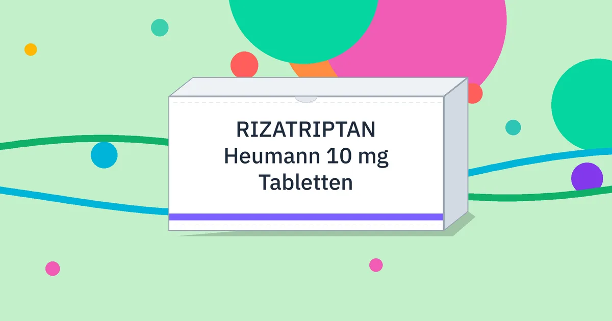 Symbolbild: Packung mit der Aufschrift RIZATRIPTAN Heumann 10 mg Tabletten (PZN 11871376) – Verfügbarkeit und Bezug in Apotheken in Frankfurt am Main
