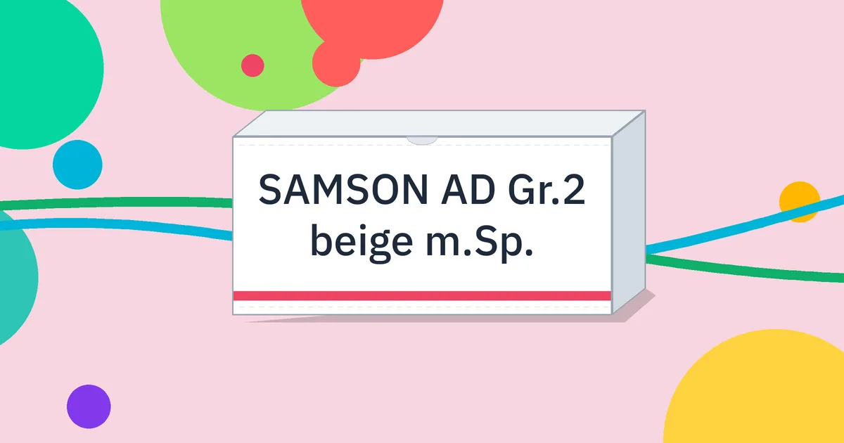 Symbolbild: Packung mit der Aufschrift SAMSON AD Gr.2 beige m.Sp. (PZN 14248695) – Verfügbarkeit und Bezug in Apotheken in Frankfurt am Main