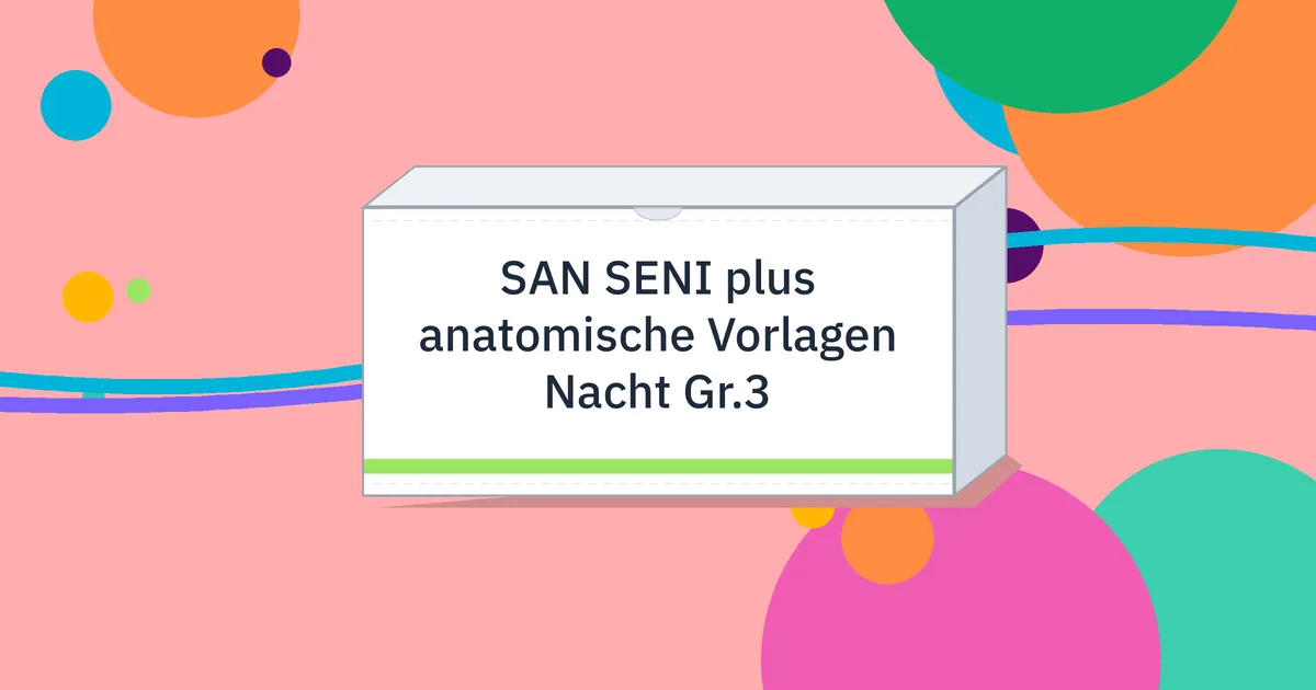 Symbolbild: Packung mit der Aufschrift SAN SENI plus anatomische Vorlagen Nacht Gr.3 (PZN 01840713) – Verfügbarkeit und Bezug in Apotheken in Frankfurt am Main