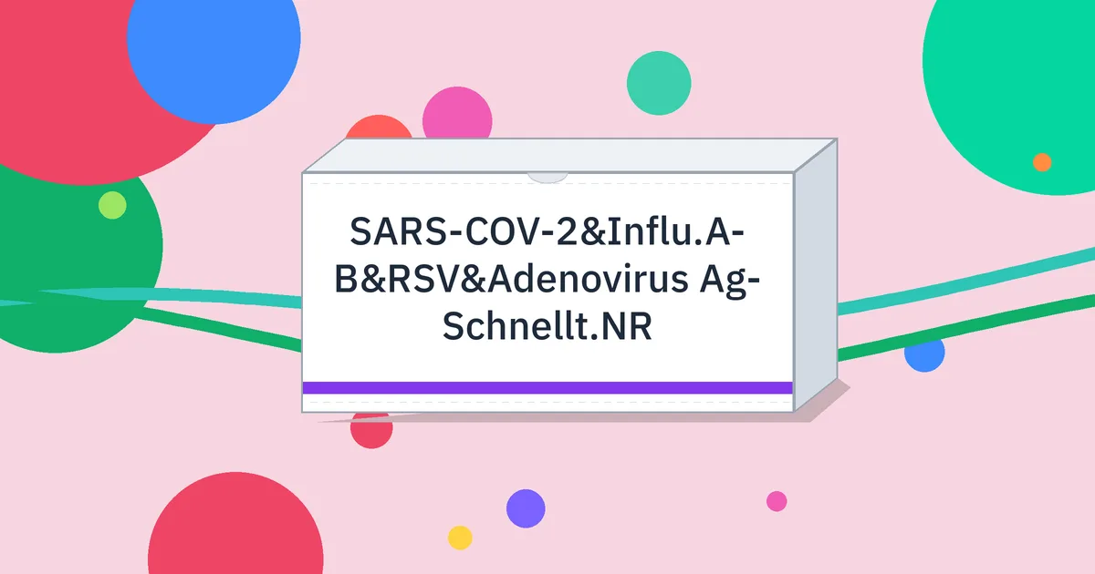 Symbolbild: Packung mit der Aufschrift SARS-COV-2&Influ.A-B&RSV&Adenovirus Ag-Schnellt.NR (PZN 18451430) – Verfügbarkeit und Bezug in Apotheken in Frankfurt am Main