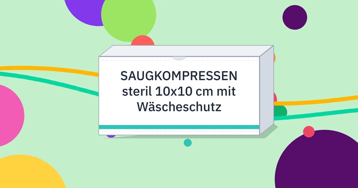 Symbolbild: Packung mit der Aufschrift SAUGKOMPRESSEN steril 10x10 cm mit Wäscheschutz (PZN 16387165) – Verfügbarkeit und Bezug in Apotheken in Frankfurt am Main