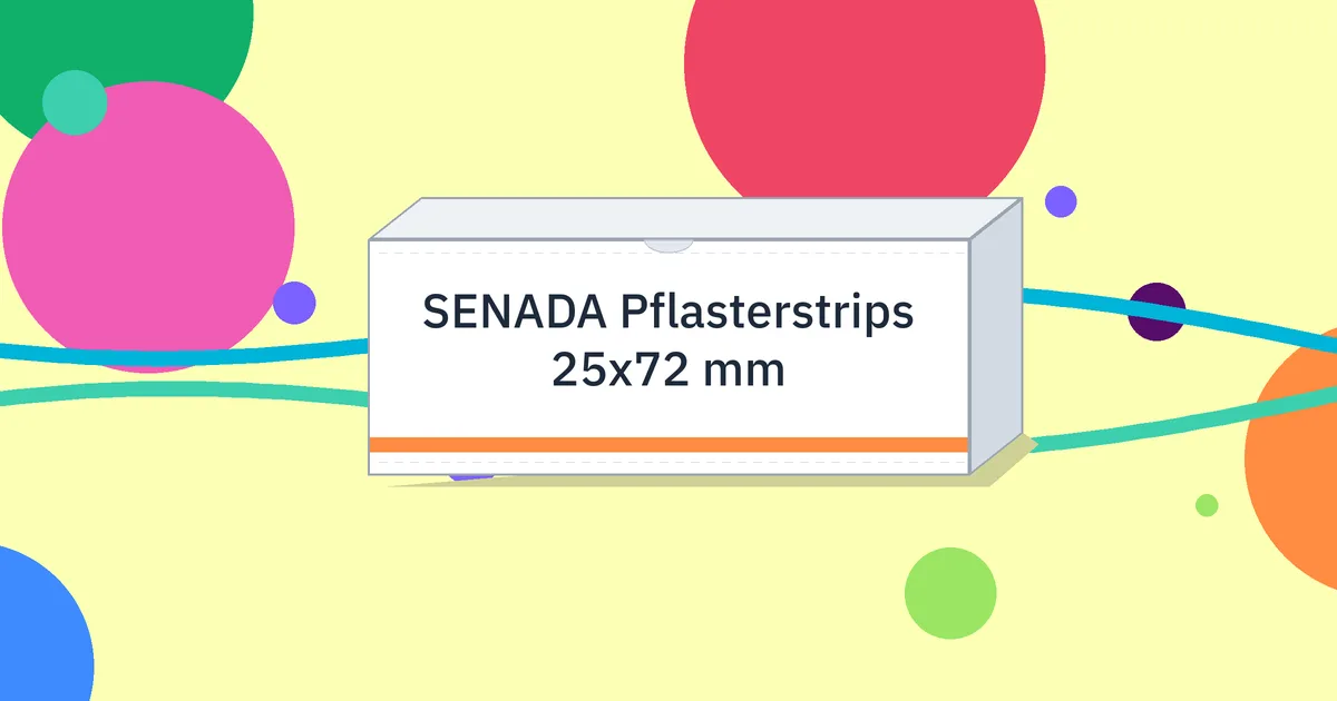 Symbolbild: Packung mit der Aufschrift SENADA Pflasterstrips 25x72 mm (PZN 17878942) – Verfügbarkeit und Bezug in Apotheken in Frankfurt am Main