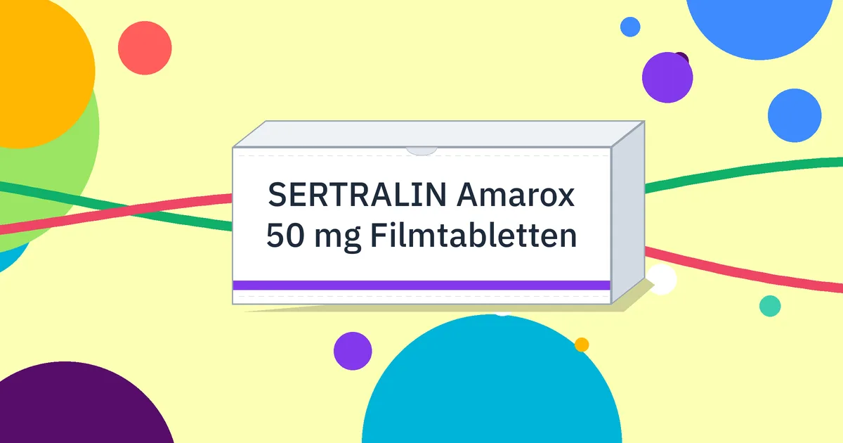 Symbolbild: Packung mit der Aufschrift SERTRALIN Amarox 50 mg Filmtabletten (PZN 18114626) – Verfügbarkeit und Bezug in Apotheken in Frankfurt am Main
