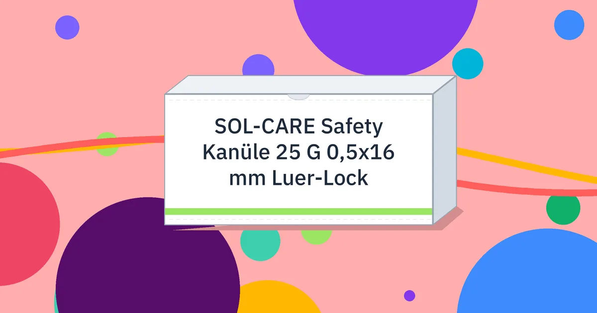 Symbolbild: Packung mit der Aufschrift SOL-CARE Safety Kanüle 25 G 0,5x16 mm Luer-Lock (PZN 20328197) – Verfügbarkeit und Bezug in Apotheken in Frankfurt am Main
