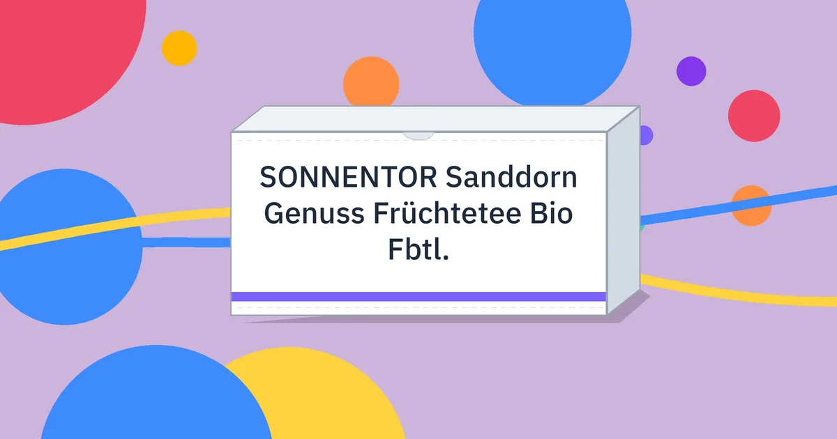 Symbolbild: Packung mit der Aufschrift SONNENTOR Sanddorn Genuss Früchtetee Bio Fbtl. (PZN 18902973) – Verfügbarkeit und Bezug in Apotheken in Frankfurt am Main